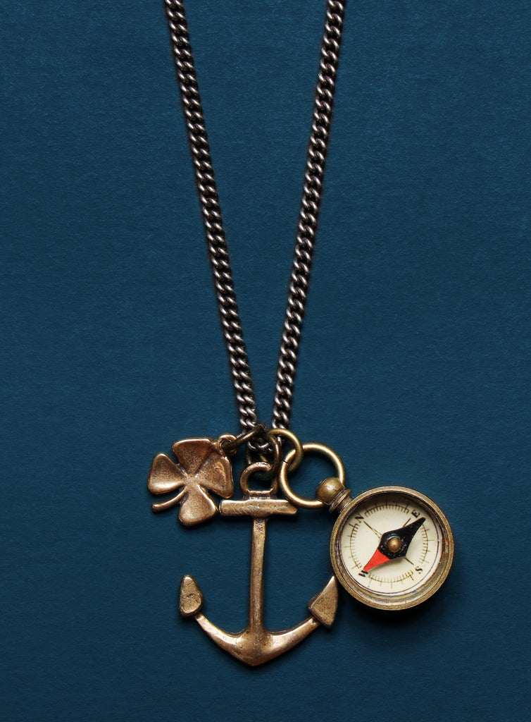 Bronze anchor four leaf clover and compass necklace for men WE ARE ALL SMITH