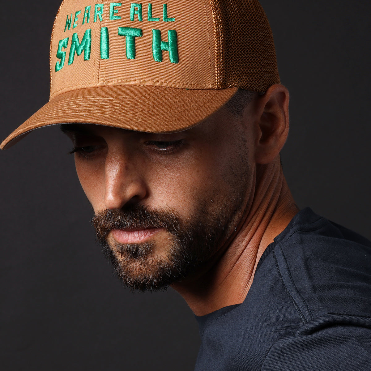 We Are All Smith Caramel + Green Mesh back trucker cap — WE ARE ALL SMITH