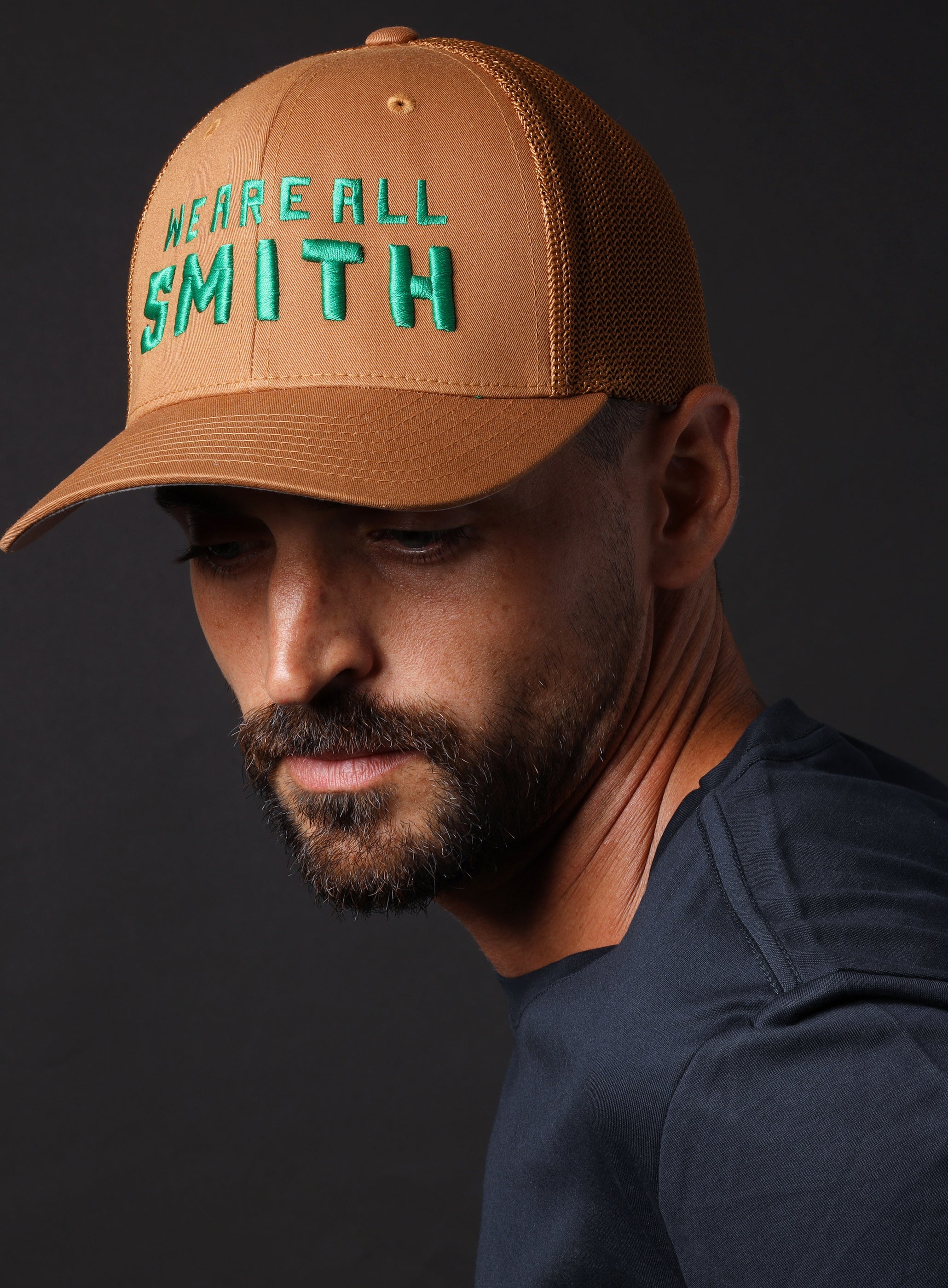 We Are All Smith Caramel + Green Mesh back trucker cap — WE ARE ALL SMITH